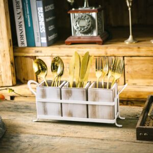 NelyBet Silverware Caddy Utensil Organizer for Countertop, Flatware Caddy with Metal Rack, Wooden Utensil Cutlery Holder with 3 Compartment for Kitchen Decor and Party -White