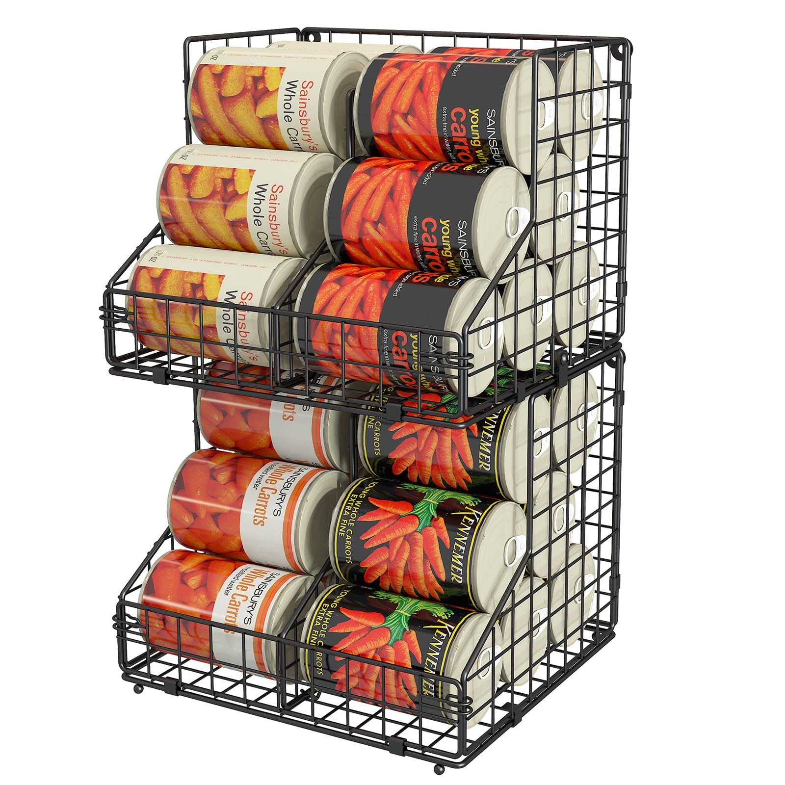 Stackable Can Rack Organizer, Strong Stable Adjustable Can Dispensers, Up to storage 28 cans, Beverage Soda Can Storage Organizer Basket with Removable Dividers,Black