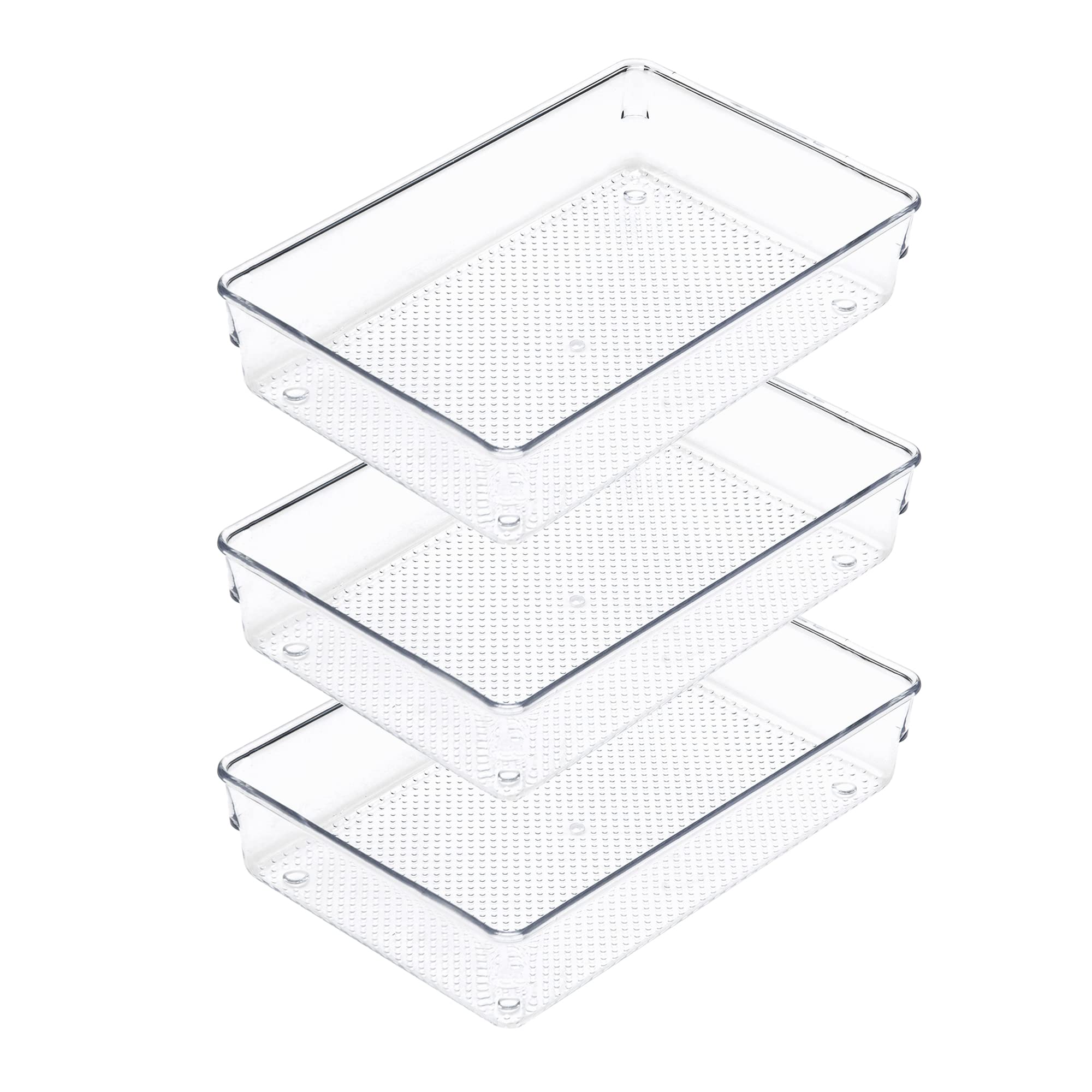 NEETBU 3 Pack Drawer Organizer Clear Plastic Storage Tray For Flatware &Utensil Cosmetics,Makeup Tools, Jewelries,Office Supplies (9”X6”X2”)