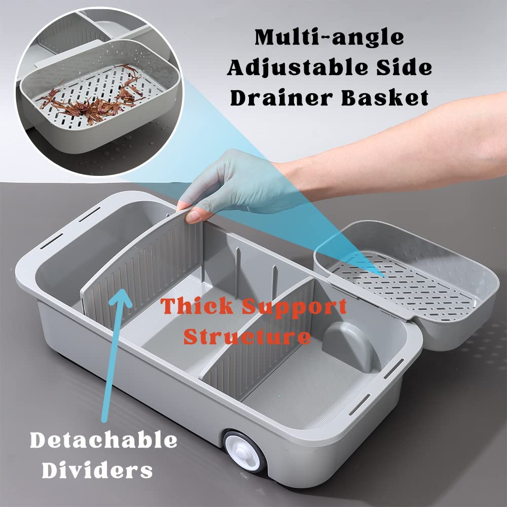 Undersink Pull Out Sliding Storage Basket, Car Shape Wheeled Cabinet Drawer Organizer for Kitchen Bathroom Sink Caddy, with Adjustable & Detachable Dividers and Side Drainer Basket, 8'' Wide Grey