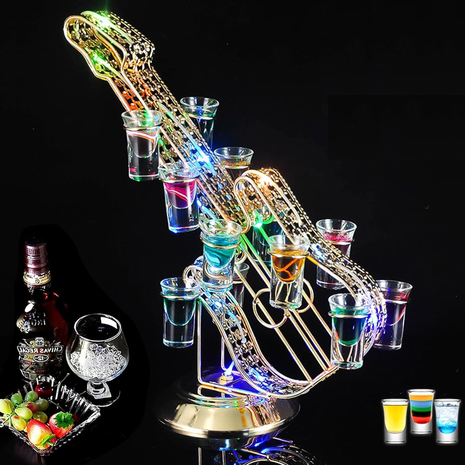 E-Greetshopping LED Champagne Wine Cup Holder,Guitar Shaped LED Lighted Bar Liquor Cocktail Shelve,Wine Glass Holder Display for Wedding Anniversary Graduation Birthday (without Cups)