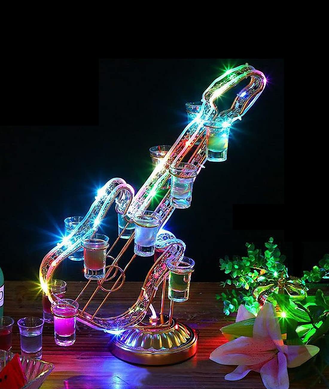 E-Greetshopping LED Champagne Wine Cup Holder,Guitar Shaped LED Lighted Bar Liquor Cocktail Shelve,Wine Glass Holder Display for Wedding Anniversary Graduation Birthday (without Cups)