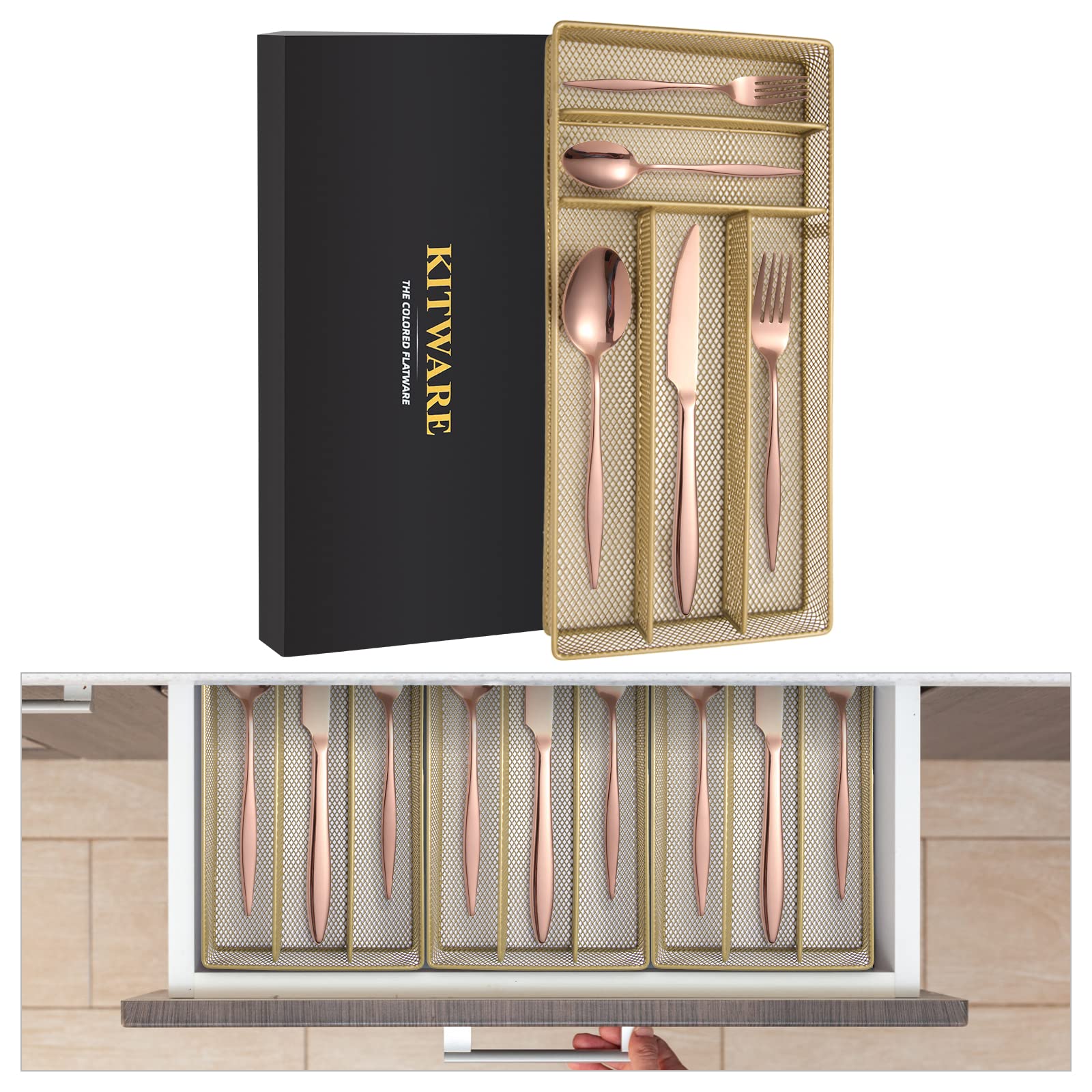 40 PCS Rose Gold Silverware with Organizer, Stainless Steel Flatware Set for 8,Utensil Cutlery for Home Kitchen Restaurant Hotel, Mirror Polished Tableware, Include Spoons Forks Knifes