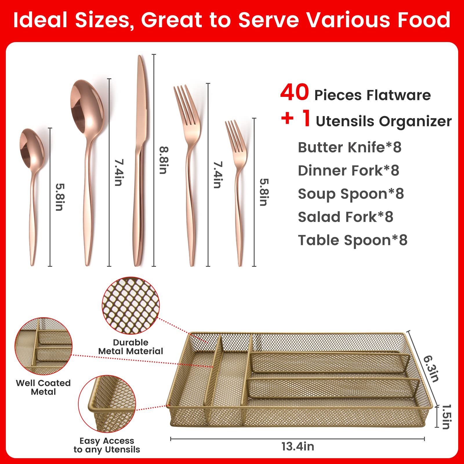 40 PCS Rose Gold Silverware with Organizer, Stainless Steel Flatware Set for 8,Utensil Cutlery for Home Kitchen Restaurant Hotel, Mirror Polished Tableware, Include Spoons Forks Knifes