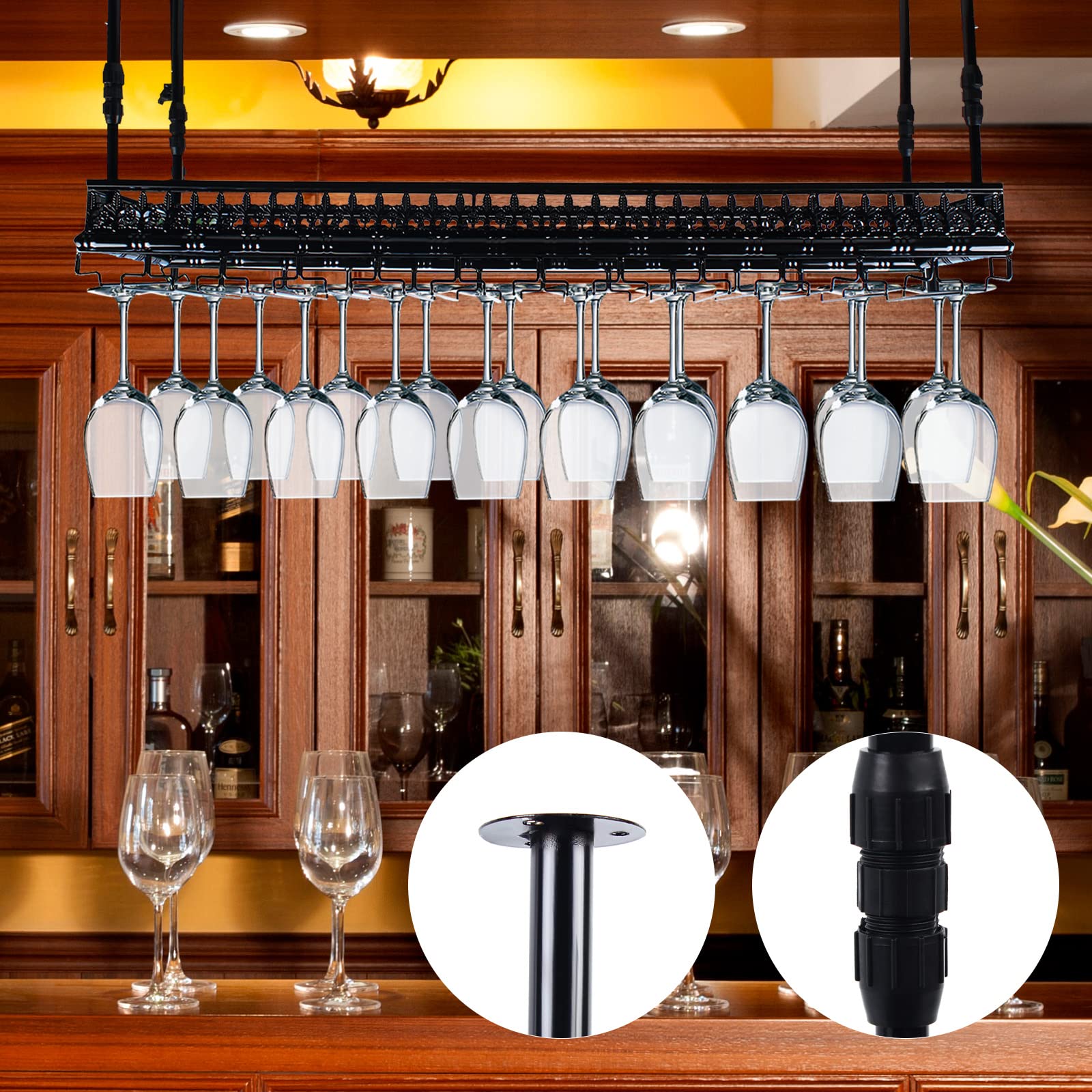 DYRABREST Industrial Retro Wine Glass Rack Under Cabinet Hung 48 Goblet Vintage Metal Bar Wine Glass Hanging Rack for Home Kitchen Bar (48 Goblet Black)