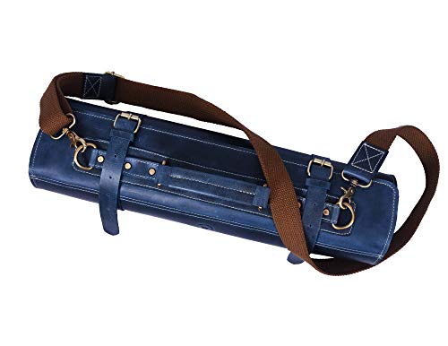 Leather Knife Roll Storage Bag, Elastic and Expandable 10 Pockets, Adjustable/Detachable Shoulder Strap, Travel-Friendly Chef Knife Case By Aaron Leather Goods