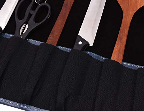 Leather Knife Roll Storage Bag, Elastic and Expandable 10 Pockets, Adjustable/Detachable Shoulder Strap, Travel-Friendly Chef Knife Case By Aaron Leather Goods