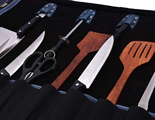 Leather Knife Roll Storage Bag, Elastic and Expandable 10 Pockets, Adjustable/Detachable Shoulder Strap, Travel-Friendly Chef Knife Case By Aaron Leather Goods