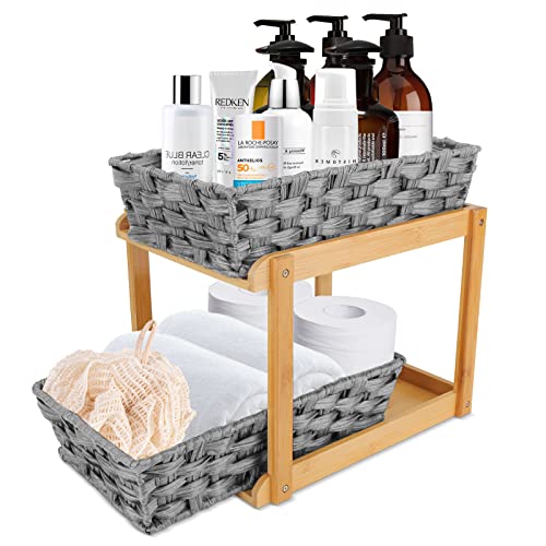 TCJJ 2-Tier Woven Baskets for Storage, Under Bathroom/Kitchen Sink Organizers and 2 Sliding Storage Bamboo Tray Bathroom Kitchen Pantry Medicine Cabinet Counter(Grey) (SBBH)