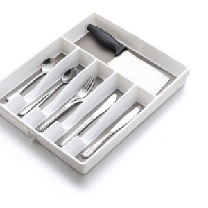 JINAMART Silverware Organizer Tray,Kitchen Utensils Holder and Cutlery Tray with Grooved Drawer Dividers,6-Compartments,Kitchen Drawer Organizer,Non-Slip Rubber Feet,BPA-Free (Expandable-compartment)