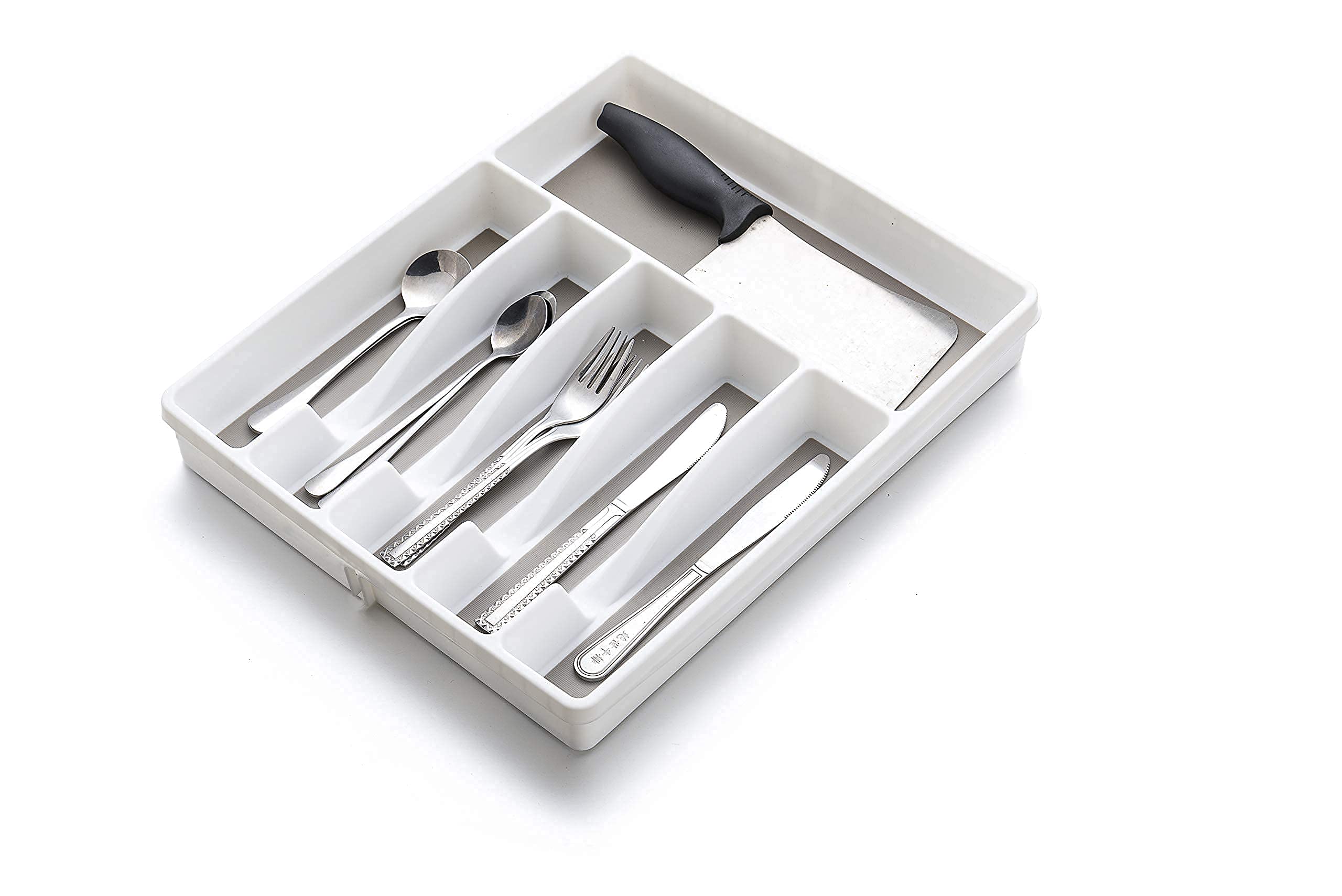 JINAMART Silverware Organizer Tray,Kitchen Utensils Holder and Cutlery Tray with Grooved Drawer Dividers,6-Compartments,Kitchen Drawer Organizer,Non-Slip Rubber Feet,BPA-Free (Expandable-compartment)