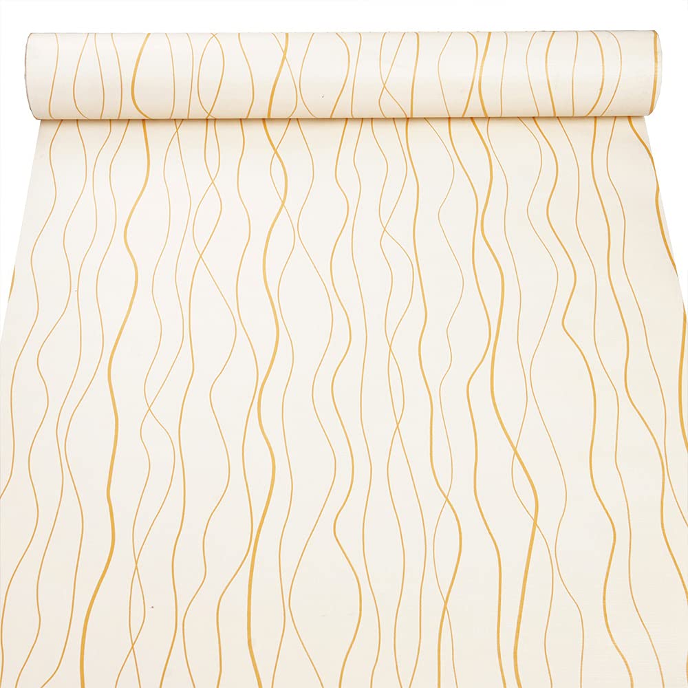 ZAMNEA 17.8 x 118 Inches Self-Adhesive Liner Paper, Removable Shelf Liner Wall Stickers Dresser Drawer Peel Stick Kitchen Home Decor, Gold Wave Stripe