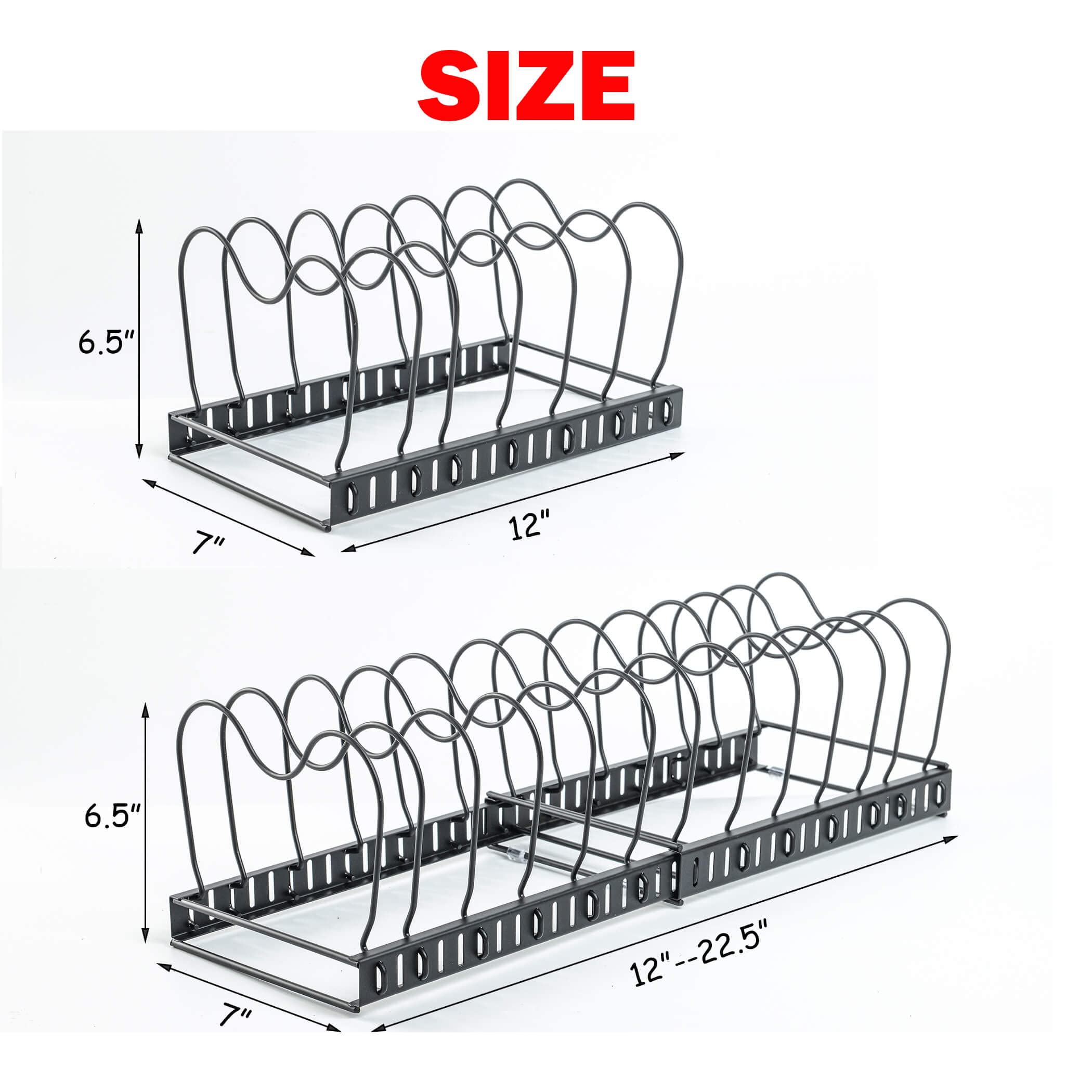 Kaiihome Pots Lid Organizer Rack - Expandable Pot and Pan Organizer for Pot Lids, Pans, Cutting Boards, Extended 12 to 23 inches - 10 Compartment