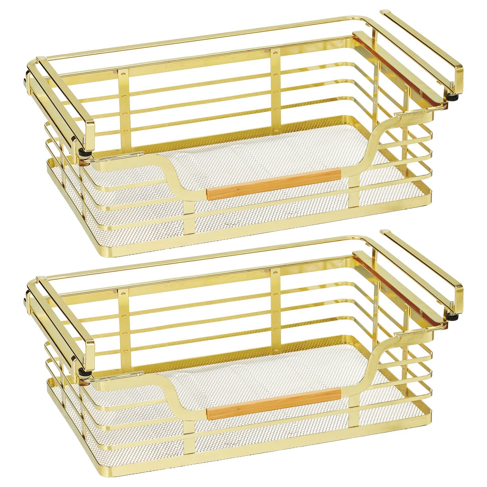 mDesign Metal Wire Wide Under Shelf Storage Baskets for Kitchen Pantry, Closet, Hanging Pull Out Shelving Bin, Sliding Hanger Rack for Bread, Canned Goods, Food, 2 Pack, Soft Brass/Natural