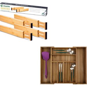 Utoplike 4 pcs Bamboo Adjustable Kitchen Drawer Dividers(16.8-21.8IN) and Acacia Expandable Cutlery Drawer Organizer