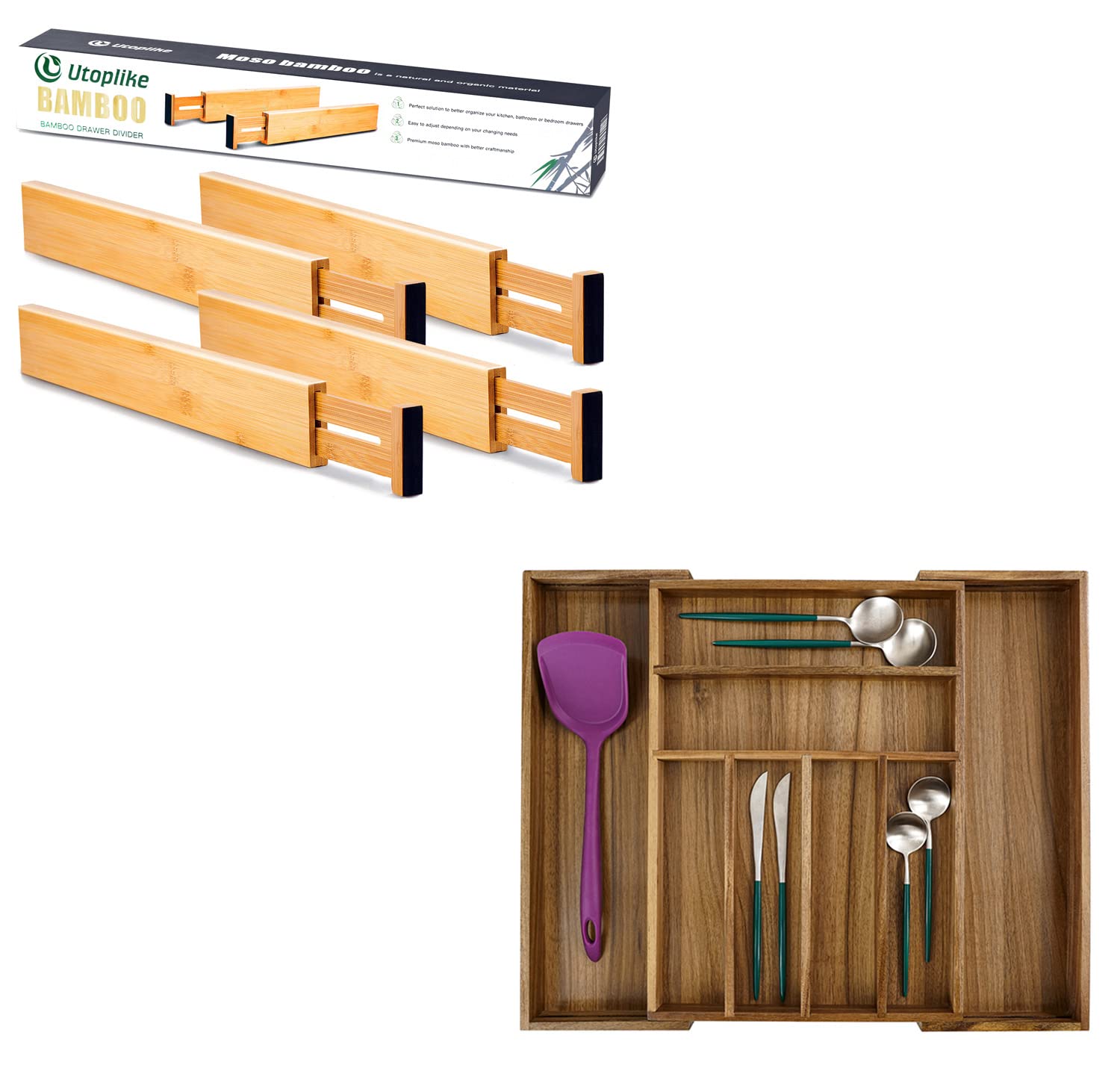 Utoplike 4 pcs Bamboo Adjustable Kitchen Drawer Dividers(16.8-21.8IN) and Acacia Expandable Cutlery Drawer Organizer