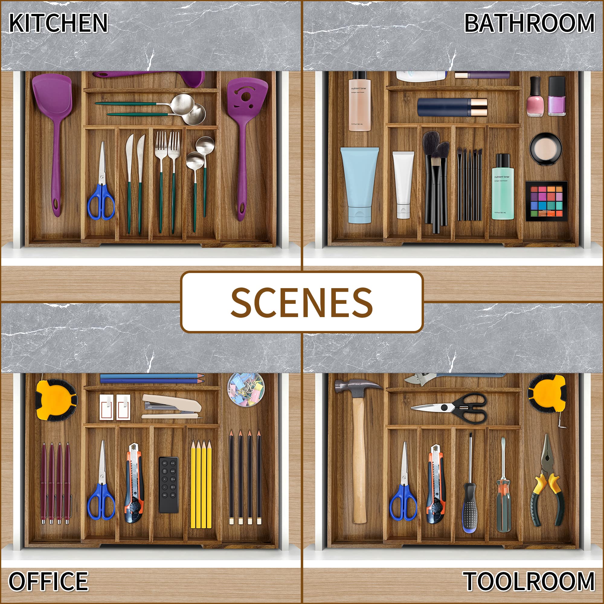 Utoplike 4 pcs Bamboo Adjustable Kitchen Drawer Dividers(16.8-21.8IN) and Acacia Expandable Cutlery Drawer Organizer