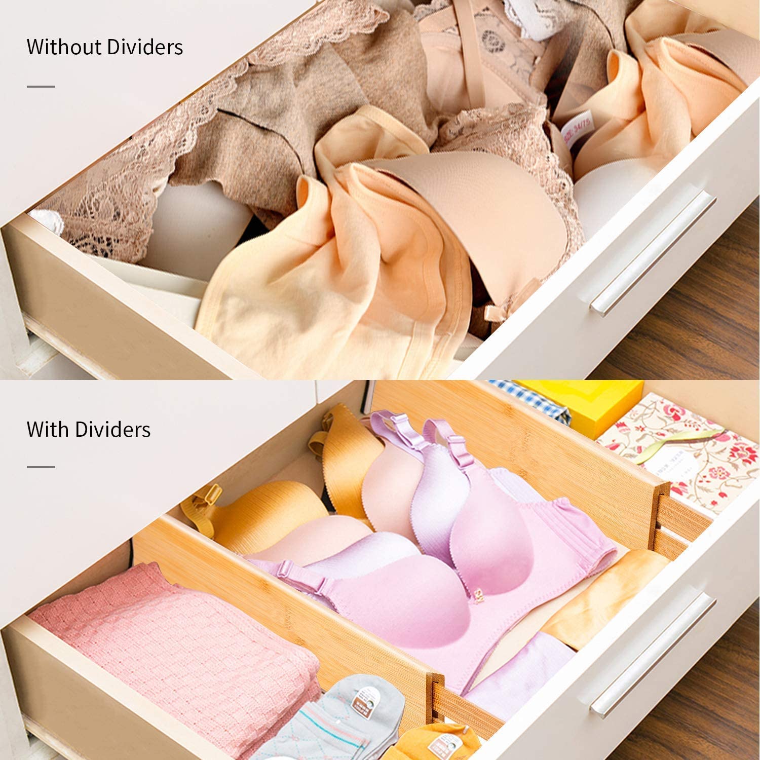 Utoplike 4 pcs Bamboo Adjustable Kitchen Drawer Dividers(16.8-21.8IN) and Acacia Expandable Cutlery Drawer Organizer