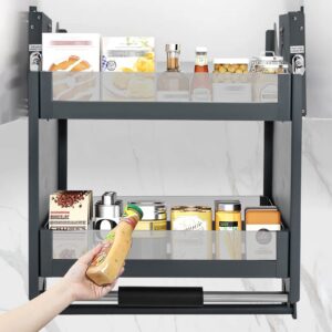 24 Inch Pull Down Shelf 2-Tier Upper Kitchen Cabinet Storage Pull Down Spice Rack Organizer Multifunctional Hanging Wall Pull Down Shelf Holder for Bathroom Home Kitchen High Cabinet, Black