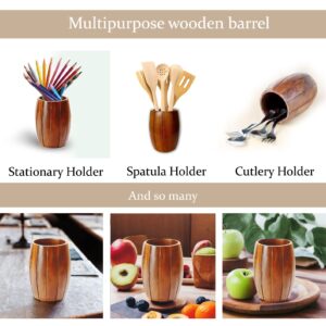 americancomfy Utensil Holder for Kitchen Counter Wooden Large Round Utensils Holder Barrel-Shape Multipurpose Utensil Storage Organizer Countertop Kitchen Utensil for christmas gift