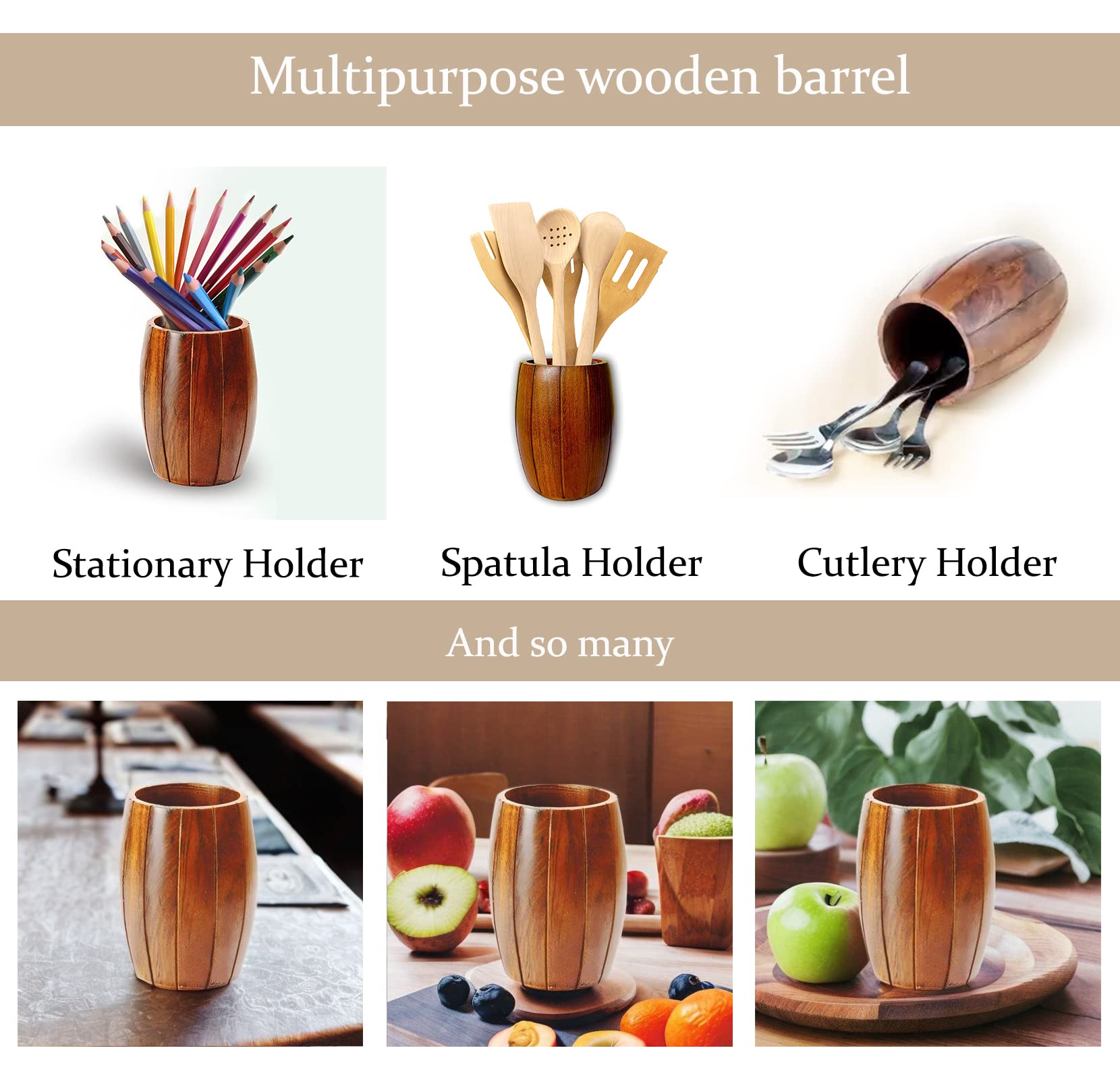 americancomfy Utensil Holder for Kitchen Counter Wooden Large Round Utensils Holder Barrel-Shape Multipurpose Utensil Storage Organizer Countertop Kitchen Utensil for christmas gift