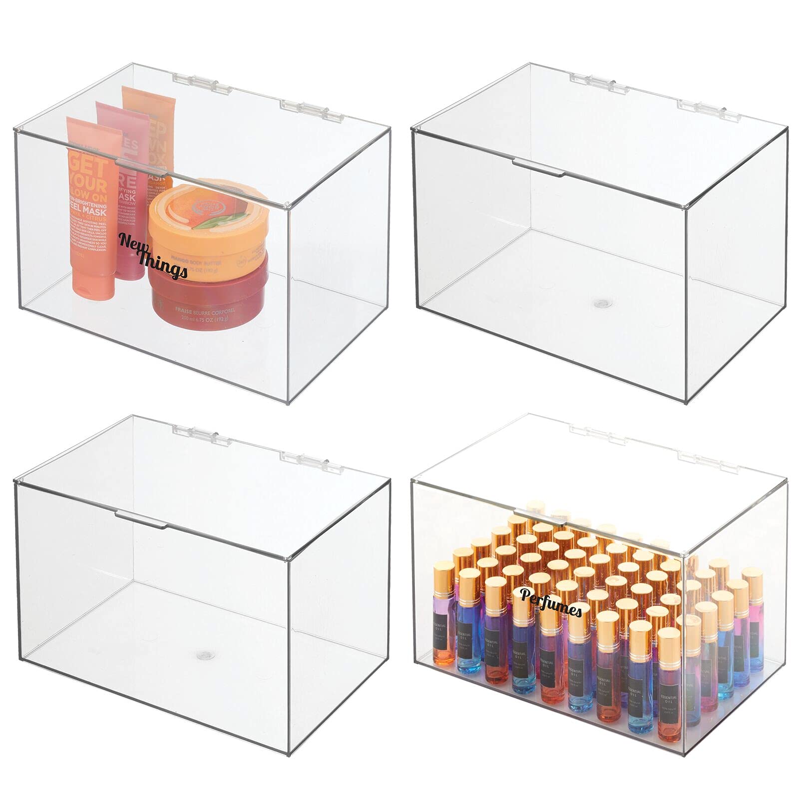 mDesign Plastic Stackable Bathroom Storage Organizer Box with Hinged Lid - for Cabinet, Vanity Organizer for Makeup, First Aid, Hair Accessories - 6.5" High - 4 Pack, Includes 32 Labels - Clear