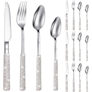 bling silverware set stainless steel rhinestones knife fork and spoon set glitter travel cutlery flatware dinnerware utensils tableware sets for wedding birthday party gift silver