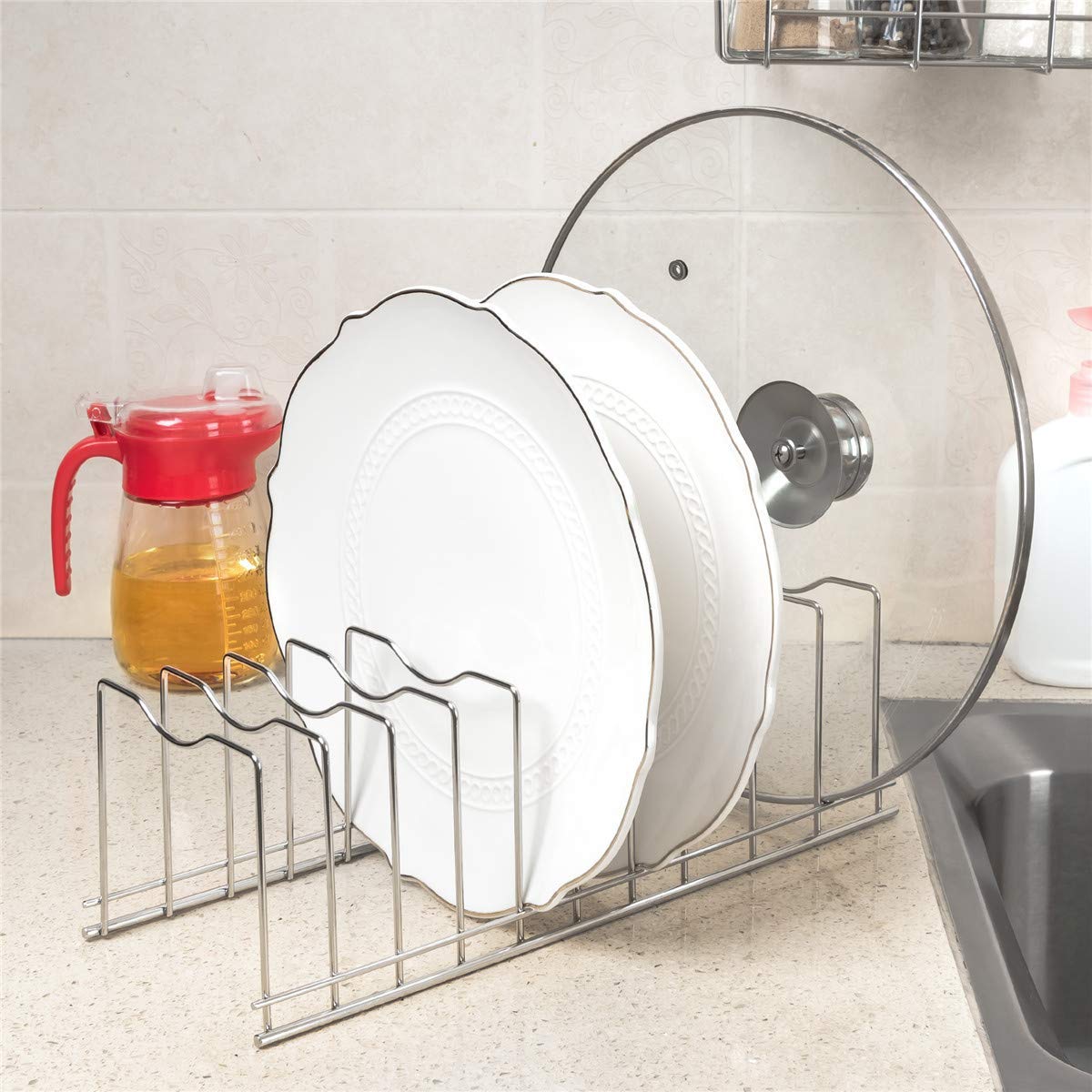 SANNO Pot Lid Organizer Pot Lid Rack Holder Drawer Plate Organizer Expandable Cabinet Shelf Organizer Rack, Large Kitchen Cupboard Organizer