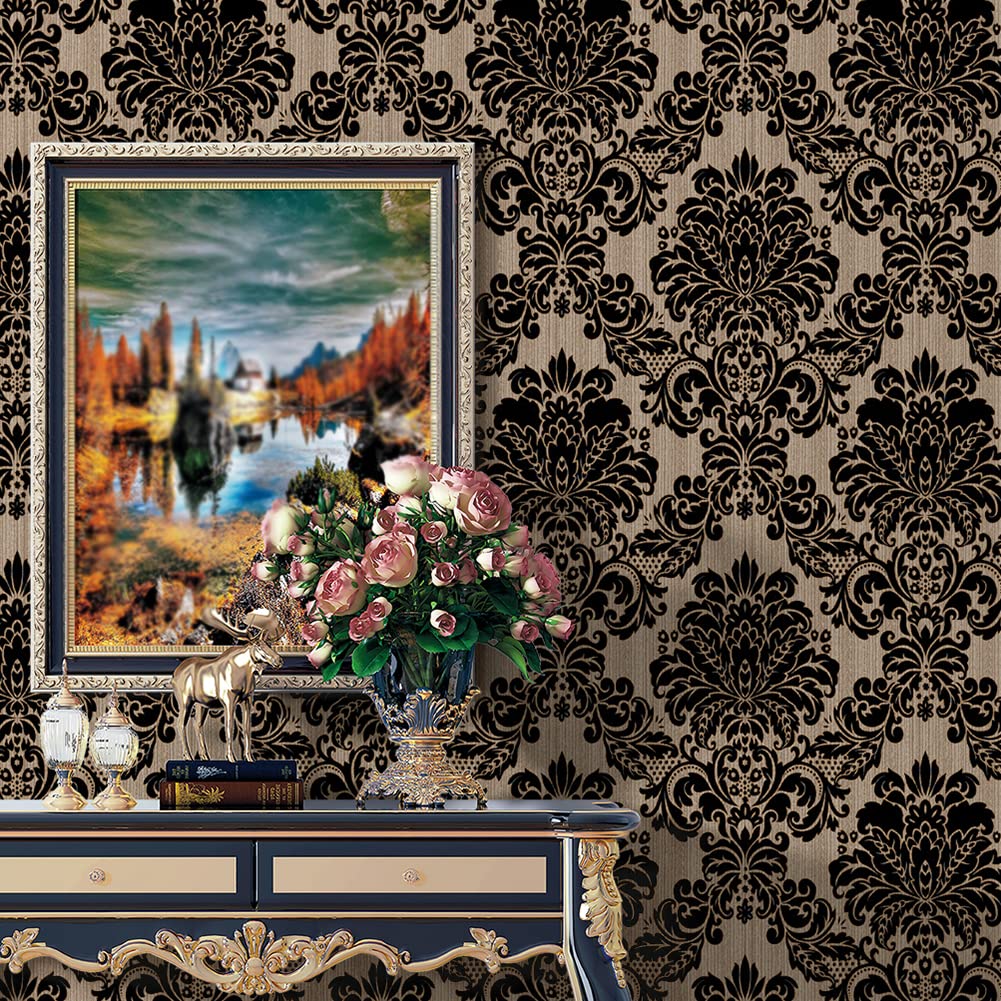 JZ·HOME H9148 Damask Peel and Stick Wallpaper 17.7" x 9.8ft Black/Brown Removable Contact Paper Self-Adhesive Damask Furniture Stickers Drawer Vinyl Decorative Film