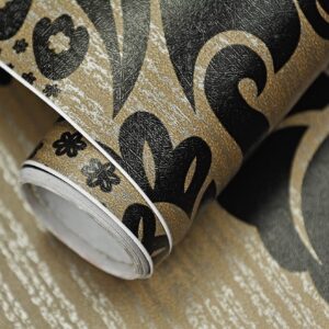 JZ·HOME H9148 Damask Peel and Stick Wallpaper 17.7" x 9.8ft Black/Brown Removable Contact Paper Self-Adhesive Damask Furniture Stickers Drawer Vinyl Decorative Film