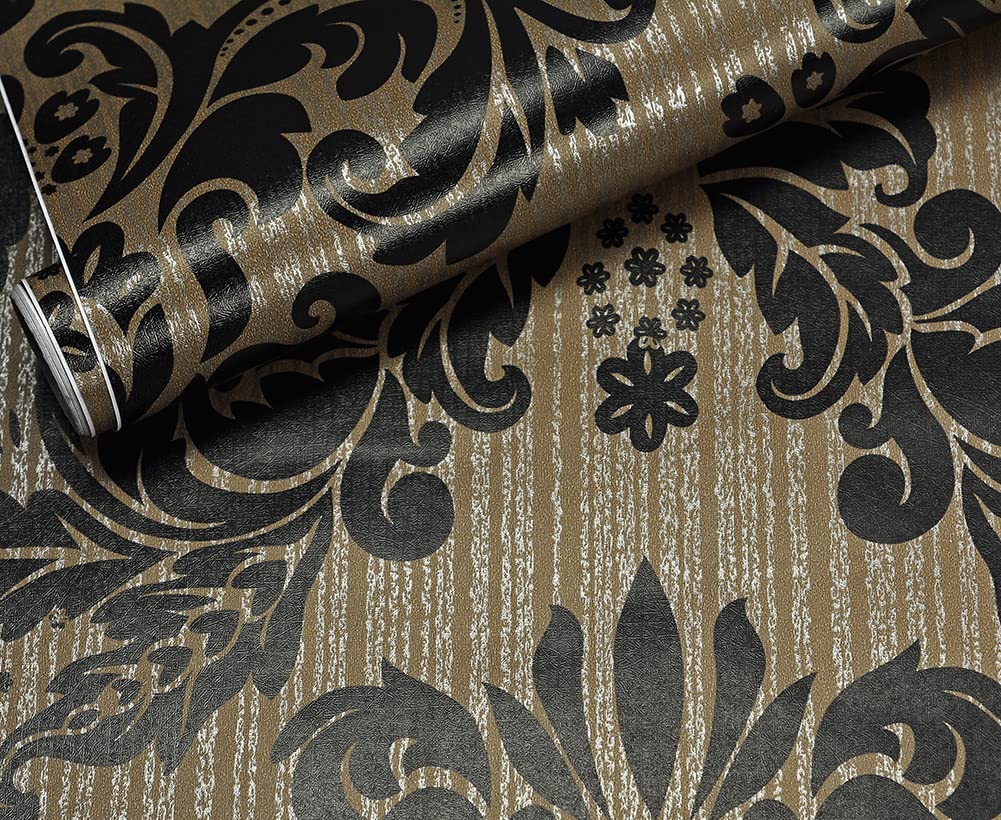 JZ·HOME H9148 Damask Peel and Stick Wallpaper 17.7" x 9.8ft Black/Brown Removable Contact Paper Self-Adhesive Damask Furniture Stickers Drawer Vinyl Decorative Film