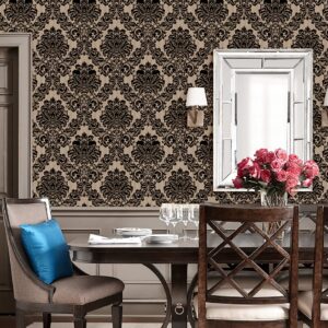 JZ·HOME H9148 Damask Peel and Stick Wallpaper 17.7" x 9.8ft Black/Brown Removable Contact Paper Self-Adhesive Damask Furniture Stickers Drawer Vinyl Decorative Film