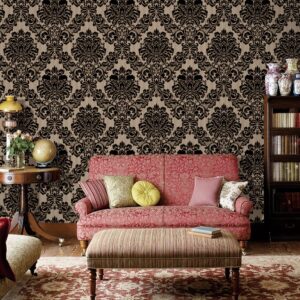 JZ·HOME H9148 Damask Peel and Stick Wallpaper 17.7" x 9.8ft Black/Brown Removable Contact Paper Self-Adhesive Damask Furniture Stickers Drawer Vinyl Decorative Film