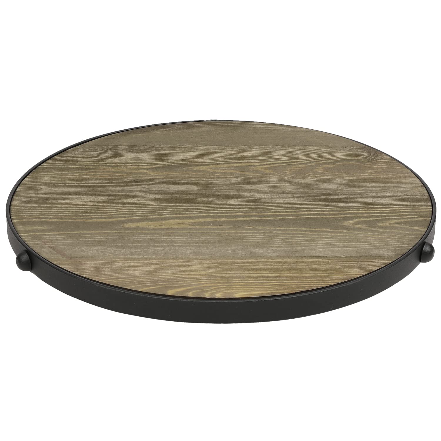 MyGift 15 Inch Large Lazy Susan Turntable Tray with Rustic Burnt Wood Finish and Black Metal Rim, Tabletop Dining Table Condiment Rotating Serving Tray