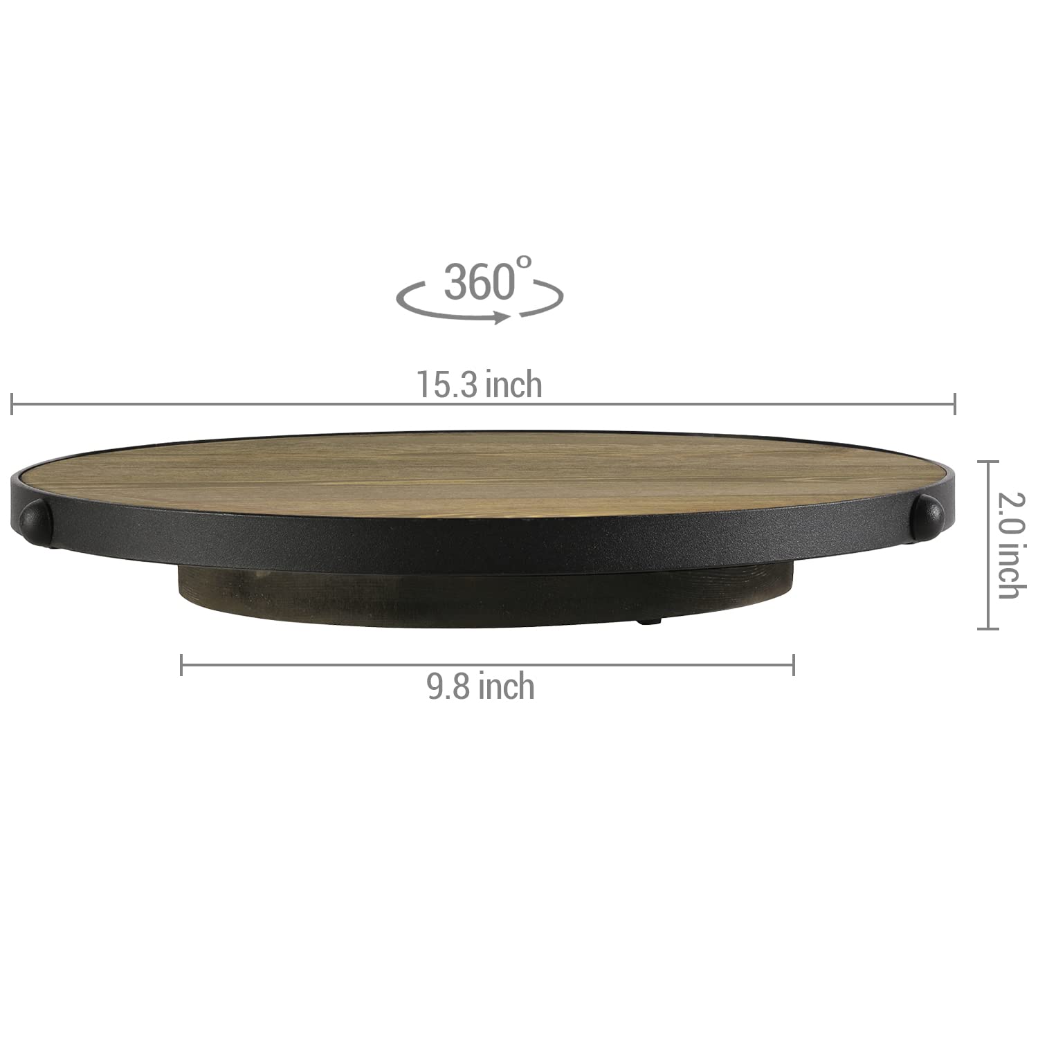 MyGift 15 Inch Large Lazy Susan Turntable Tray with Rustic Burnt Wood Finish and Black Metal Rim, Tabletop Dining Table Condiment Rotating Serving Tray