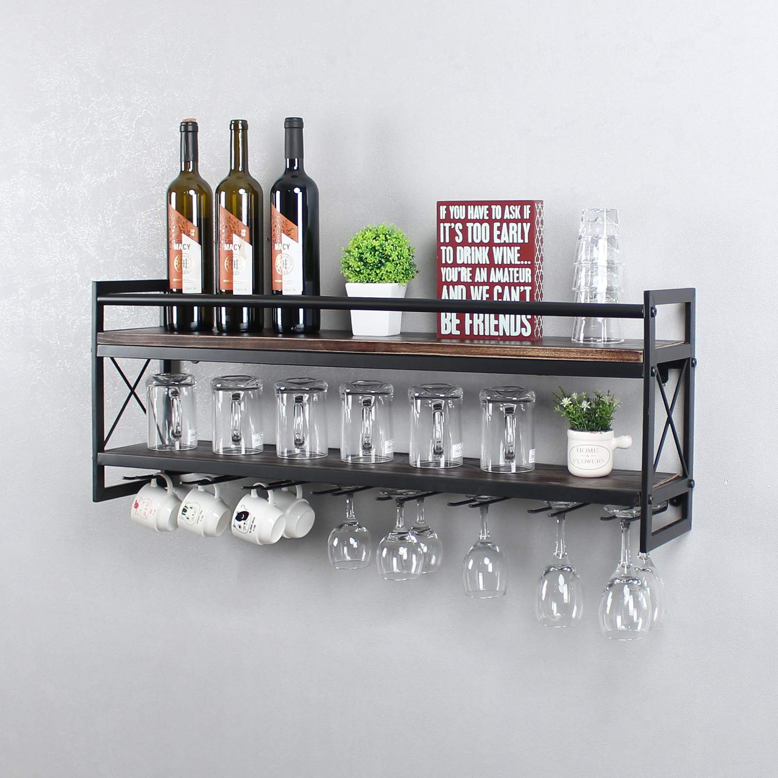 MBQQ Wine Rack Stemware Glass Rack,Industrial 2-Tier Wood Shelf,36" Wall Mounted Wine Racks with 8 Stem Glass Holder for Wine Glasses,Mugs,Home Decor,Retro Black