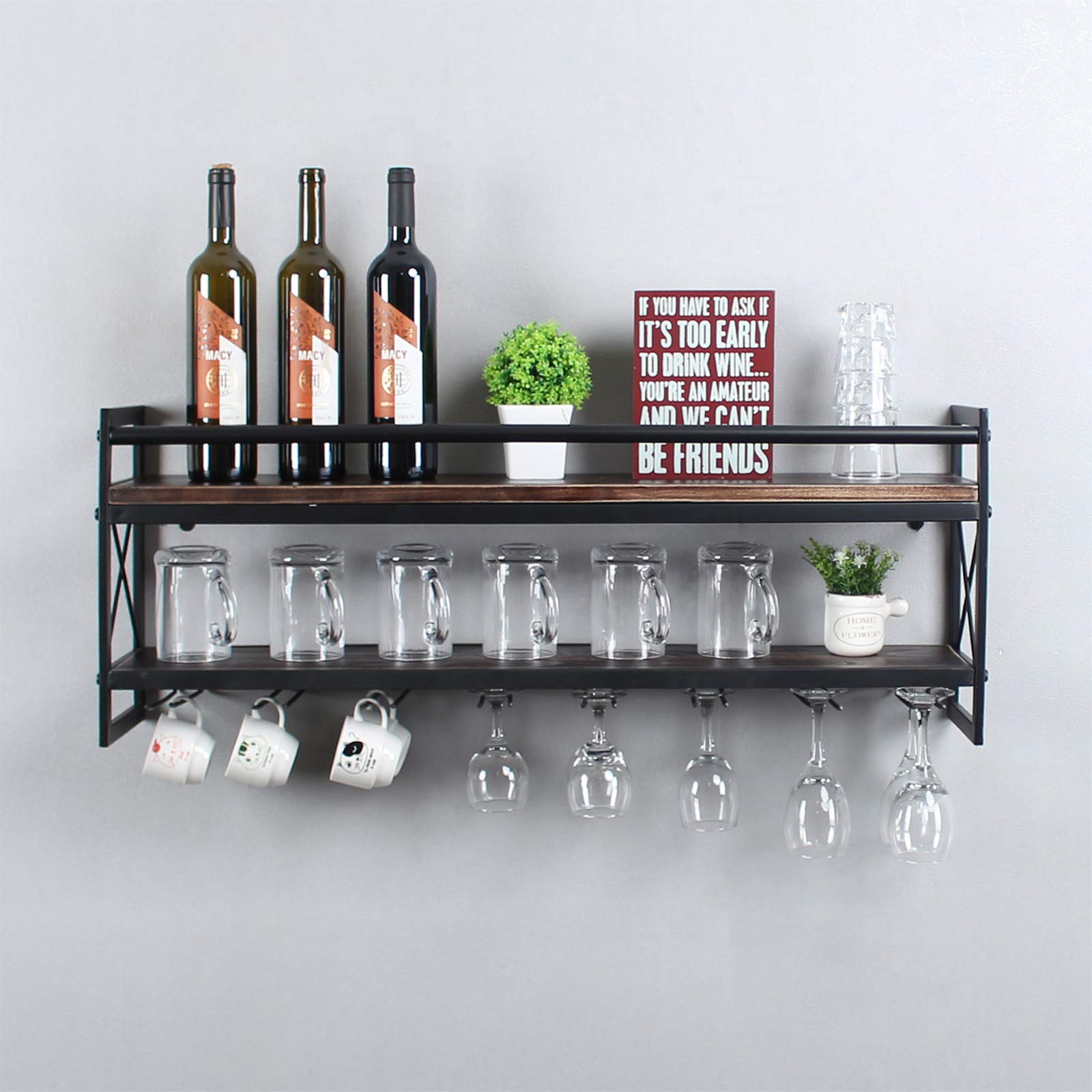 MBQQ Wine Rack Stemware Glass Rack,Industrial 2-Tier Wood Shelf,36" Wall Mounted Wine Racks with 8 Stem Glass Holder for Wine Glasses,Mugs,Home Decor,Retro Black