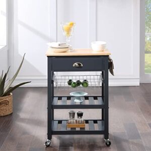 OSP Home Furnishings Hampton Kitchen Cart with Wood Top, Utensil Drawer, Under Cabinet Basket, and 2 Slatted Shelves, Blue Stone Base