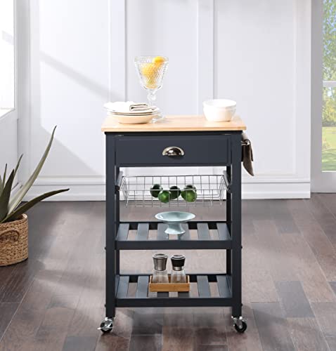 OSP Home Furnishings Hampton Kitchen Cart with Wood Top, Utensil Drawer, Under Cabinet Basket, and 2 Slatted Shelves, Blue Stone Base