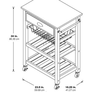 OSP Home Furnishings Hampton Kitchen Cart with Wood Top, Utensil Drawer, Under Cabinet Basket, and 2 Slatted Shelves, Blue Stone Base