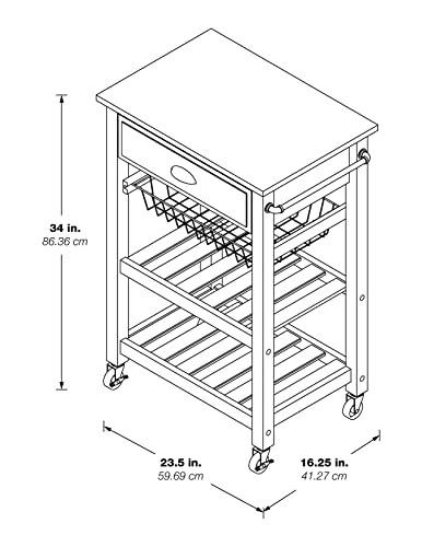 OSP Home Furnishings Hampton Kitchen Cart with Wood Top, Utensil Drawer, Under Cabinet Basket, and 2 Slatted Shelves, Blue Stone Base