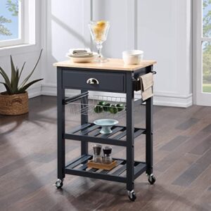 OSP Home Furnishings Hampton Kitchen Cart with Wood Top, Utensil Drawer, Under Cabinet Basket, and 2 Slatted Shelves, Blue Stone Base