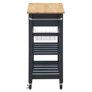 OSP Home Furnishings Hampton Kitchen Cart with Wood Top, Utensil Drawer, Under Cabinet Basket, and 2 Slatted Shelves, Blue Stone Base