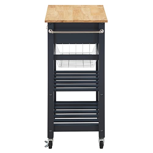 OSP Home Furnishings Hampton Kitchen Cart with Wood Top, Utensil Drawer, Under Cabinet Basket, and 2 Slatted Shelves, Blue Stone Base