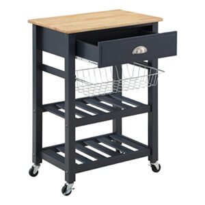 OSP Home Furnishings Hampton Kitchen Cart with Wood Top, Utensil Drawer, Under Cabinet Basket, and 2 Slatted Shelves, Blue Stone Base