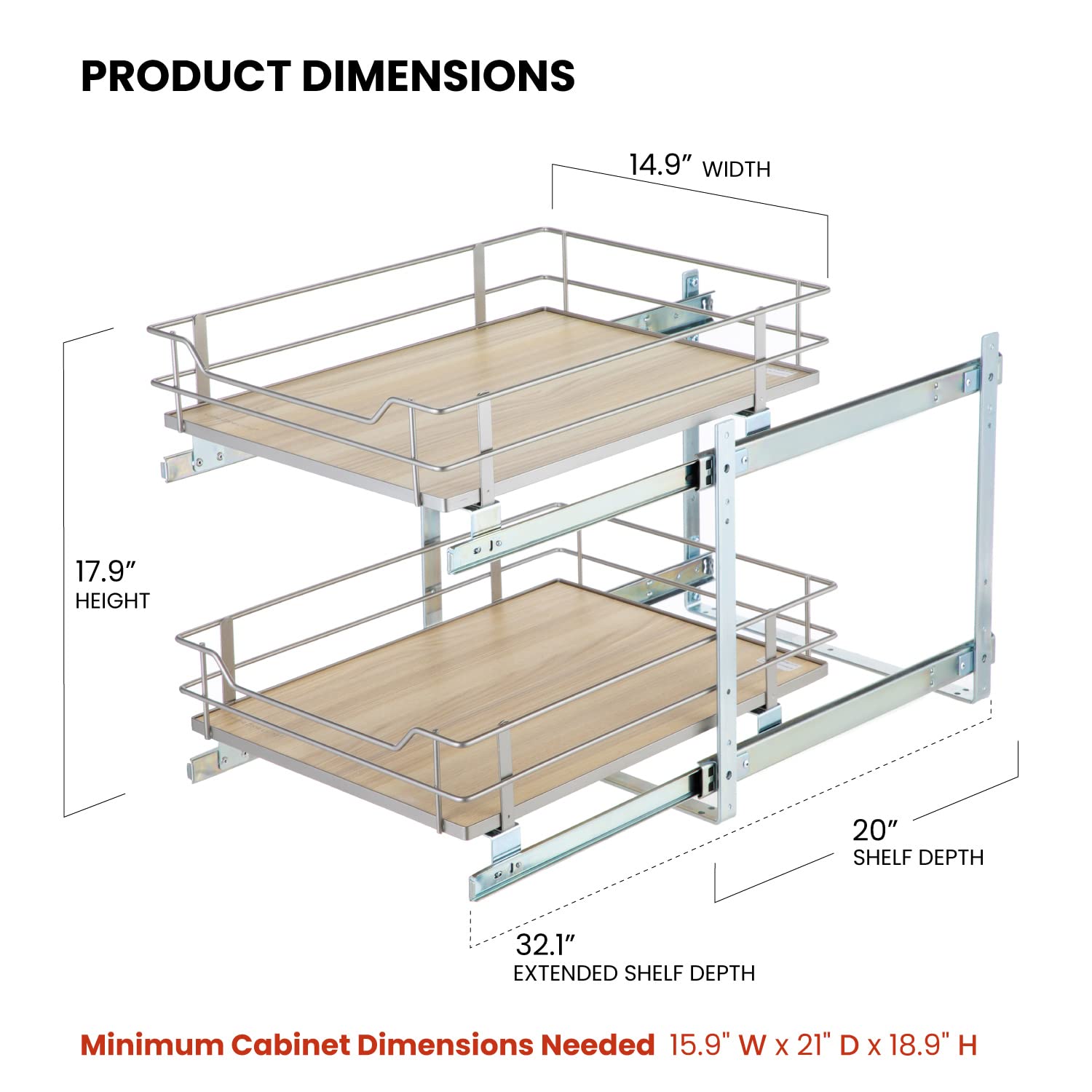 Home Zone Living Pull Out Kitchen Cabinet Organizer with 2 Tiers of Storage for Easy Access, 15”W x 20”D, Satin Nickel with Light Brown, Virtuoso Collection