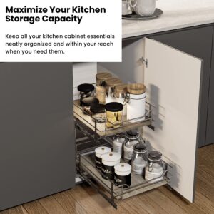 Home Zone Living Pull Out Kitchen Cabinet Organizer with 2 Tiers of Storage for Easy Access, 15”W x 20”D, Satin Nickel with Light Brown, Virtuoso Collection