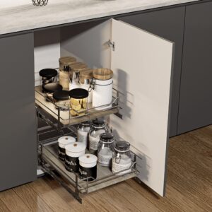 Home Zone Living Pull Out Kitchen Cabinet Organizer with 2 Tiers of Storage for Easy Access, 15”W x 20”D, Satin Nickel with Light Brown, Virtuoso Collection