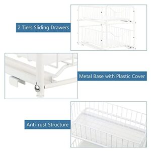 ETELI Under Sink Organizer with Sliding Storage Basket Drawer Stackble 2 Tier Pull Out Cabinet Organizer for Kitchen, Bathroom, Pantry(White)