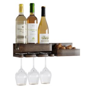 rustic state semillon wall mounted wine rack and cork storage holder shelf organizer with 3 stemware and 3 bottle capacity - home, kitchen, dining room bar décor - walnut